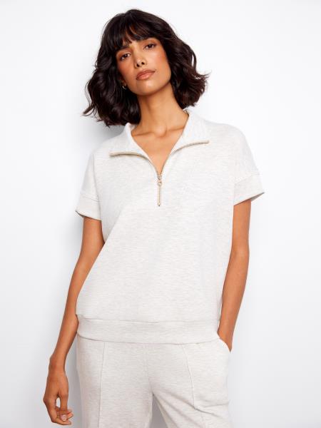 Charlie B C1445 Short Sleeve Half-Zip Collar Top w/ Blanket Stitch ...