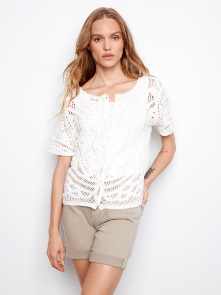 Charlie B C2965 Short Sleeve Crochet Sweater w/ Placket and Buttons at ...